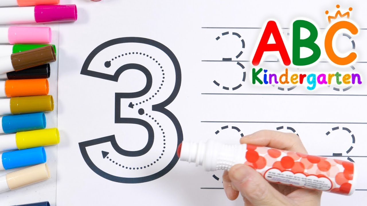 Learn numbers for kids | Write, color, count and learn number 3 in red ...
