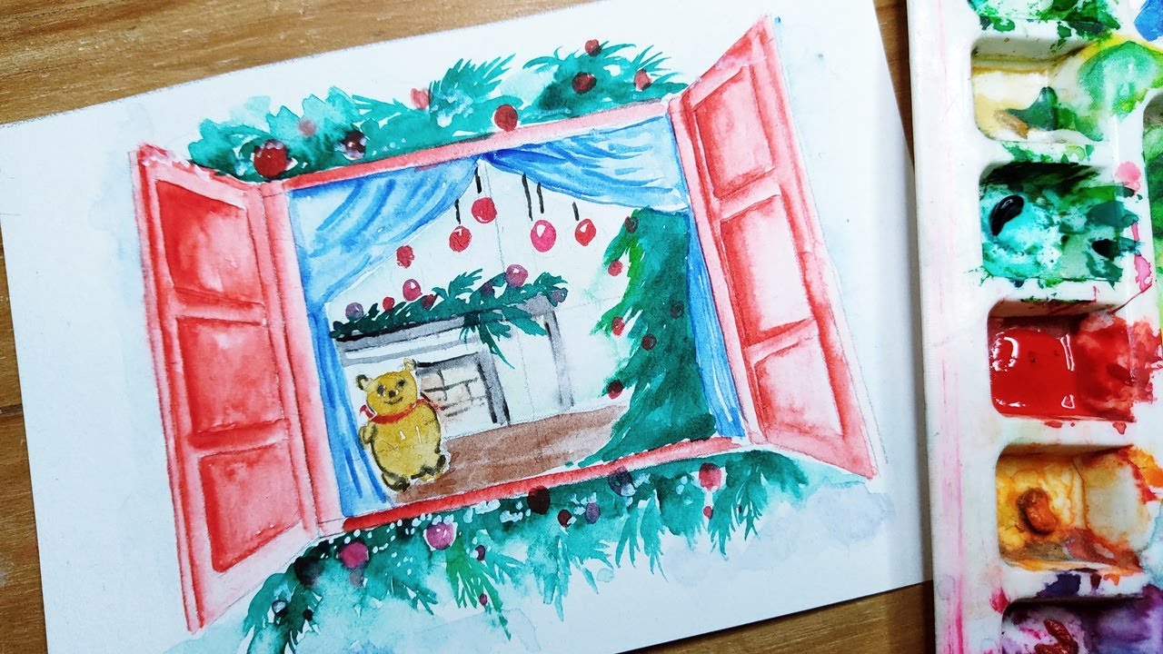 Christmas Tree Through A Window / Watercolor Painting / Step by Step ...