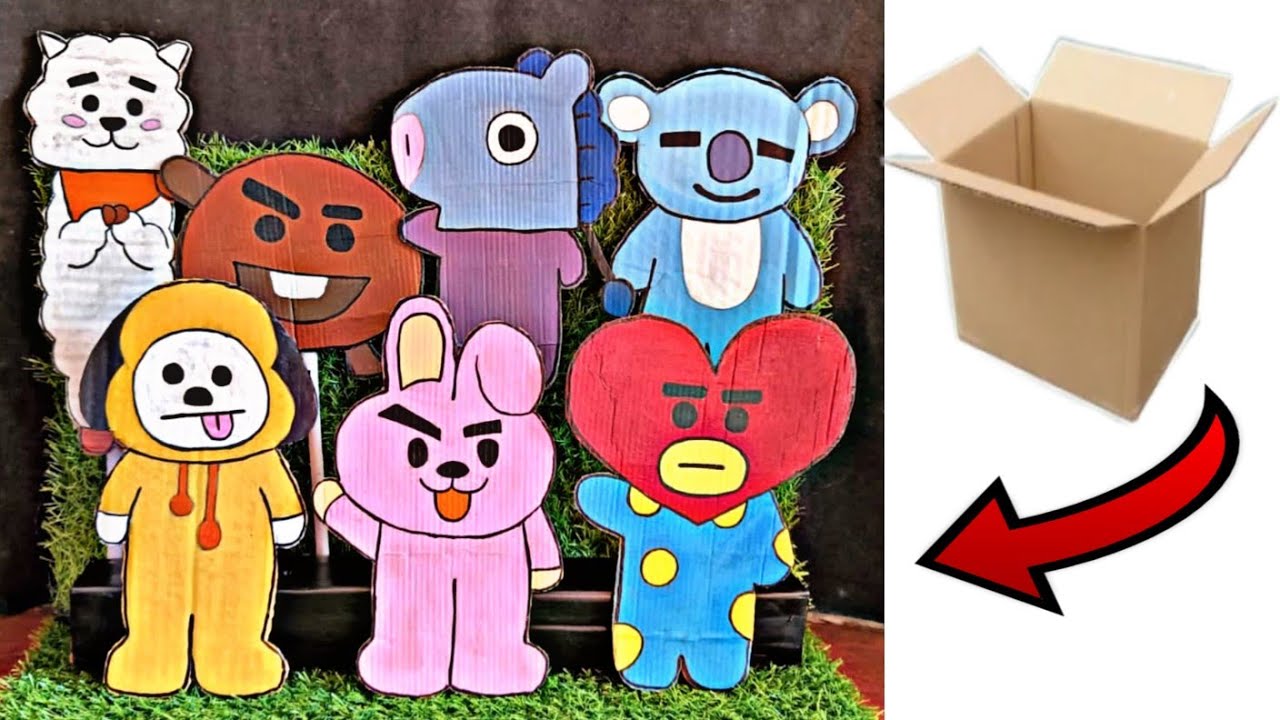 How To Make All BTS BT21 Characters Using Cardboard 💜 / DIY Room Decor ...