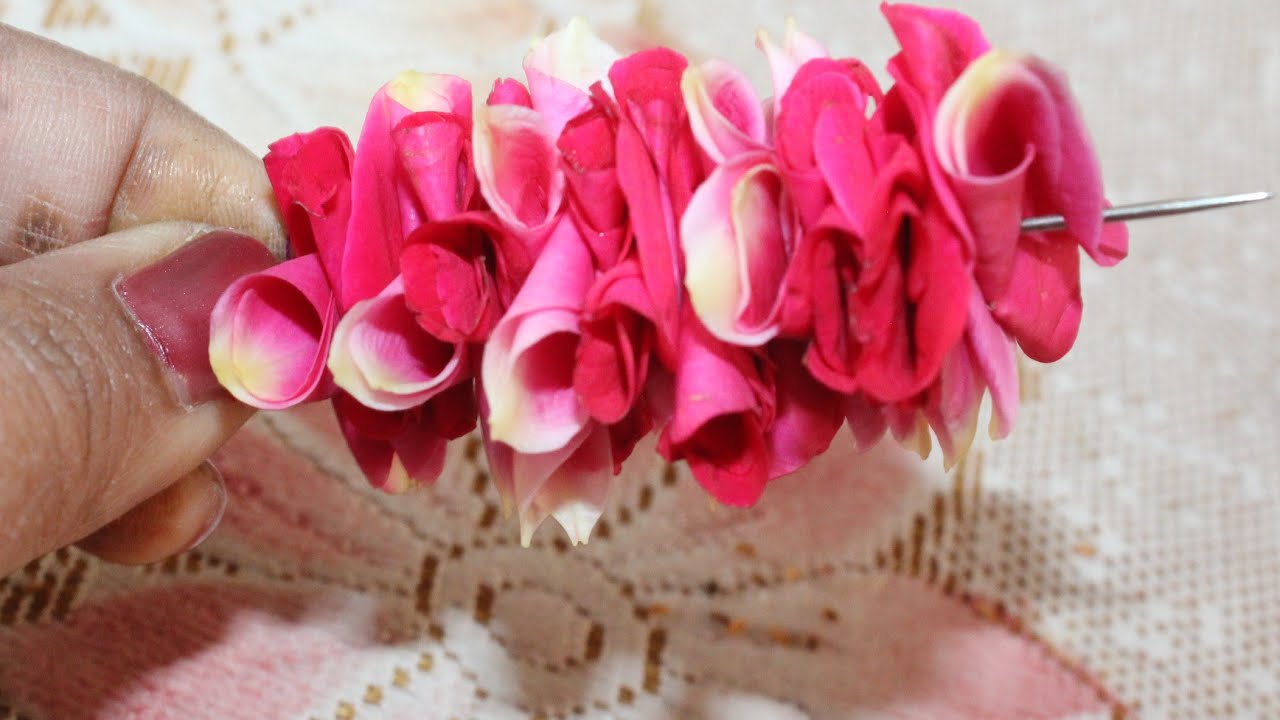 How to string rose petal garland || Easy method to string rose garland ...