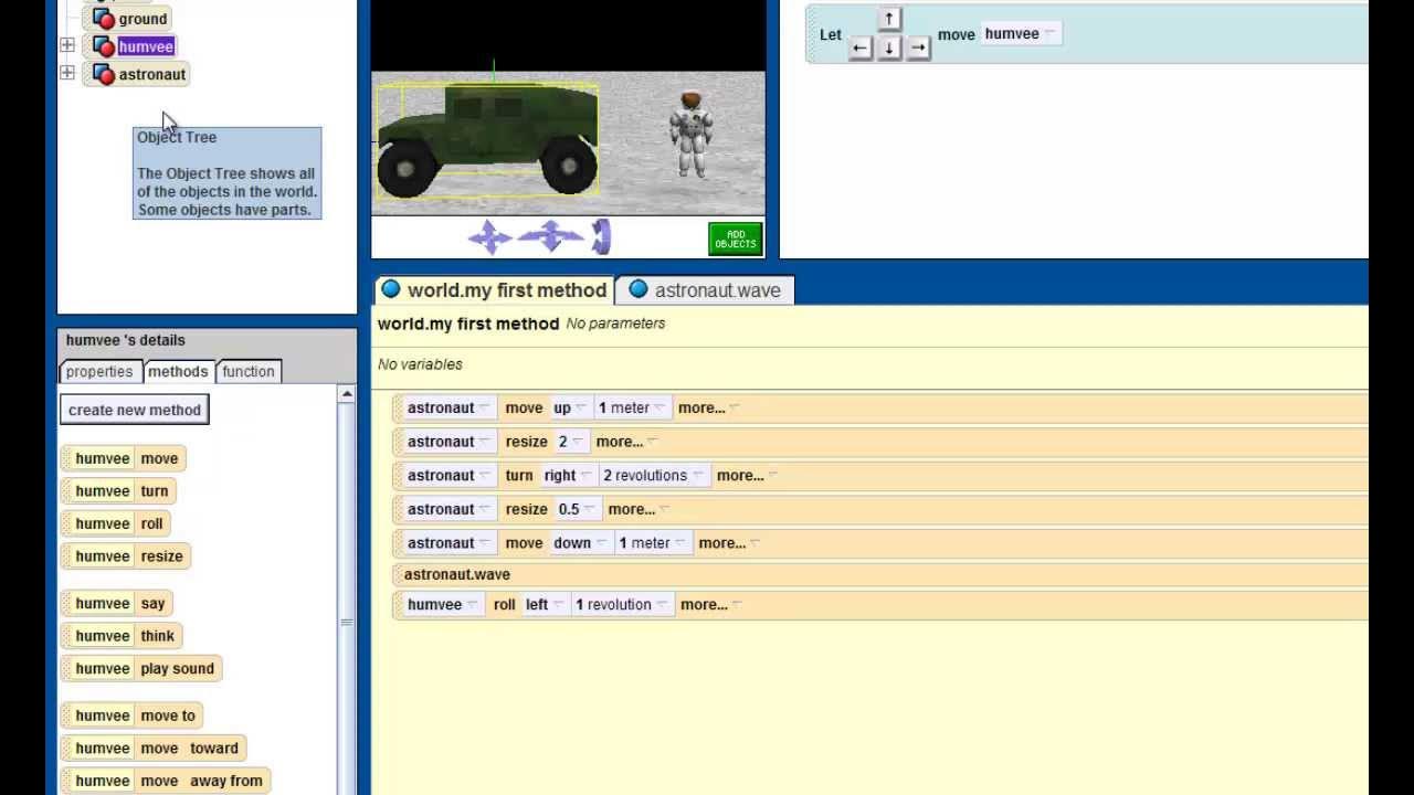 Duke Intro to Alice Programming: Astronaut and Humvee (Part 6 of 7 ...