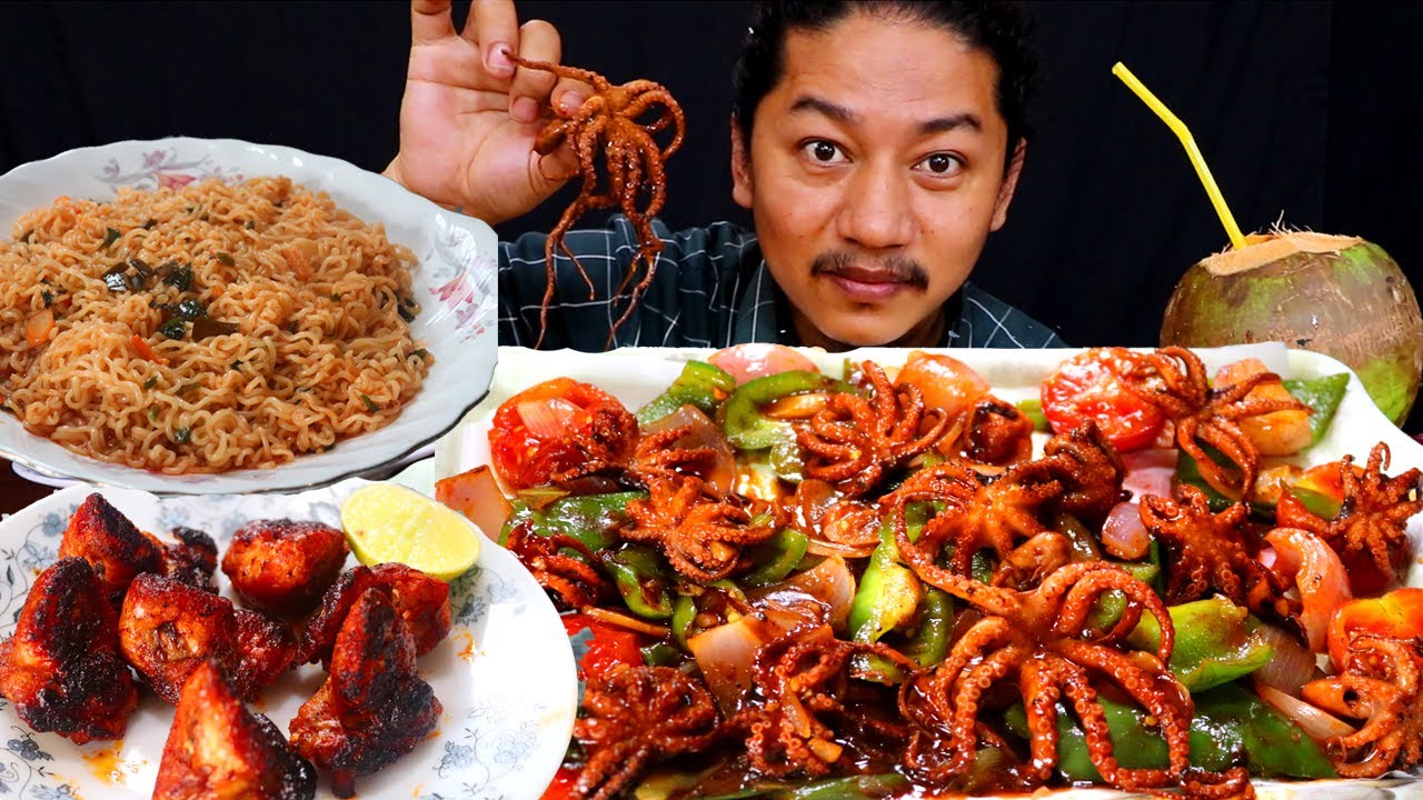 Octopus, Chicken diamond, seafood korean ramen, coconut water ...