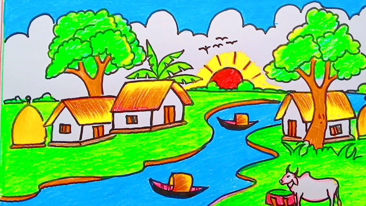 How to draw so beautiful village.Easy drawing step by step😍ছোটদের জন ...