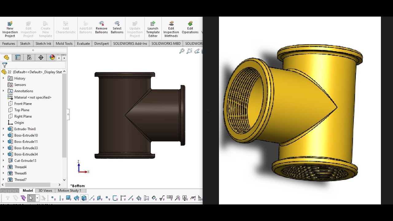 Tutorial For T-Type Brass Fitting||Solid Works Tutorial#solidworks # ...