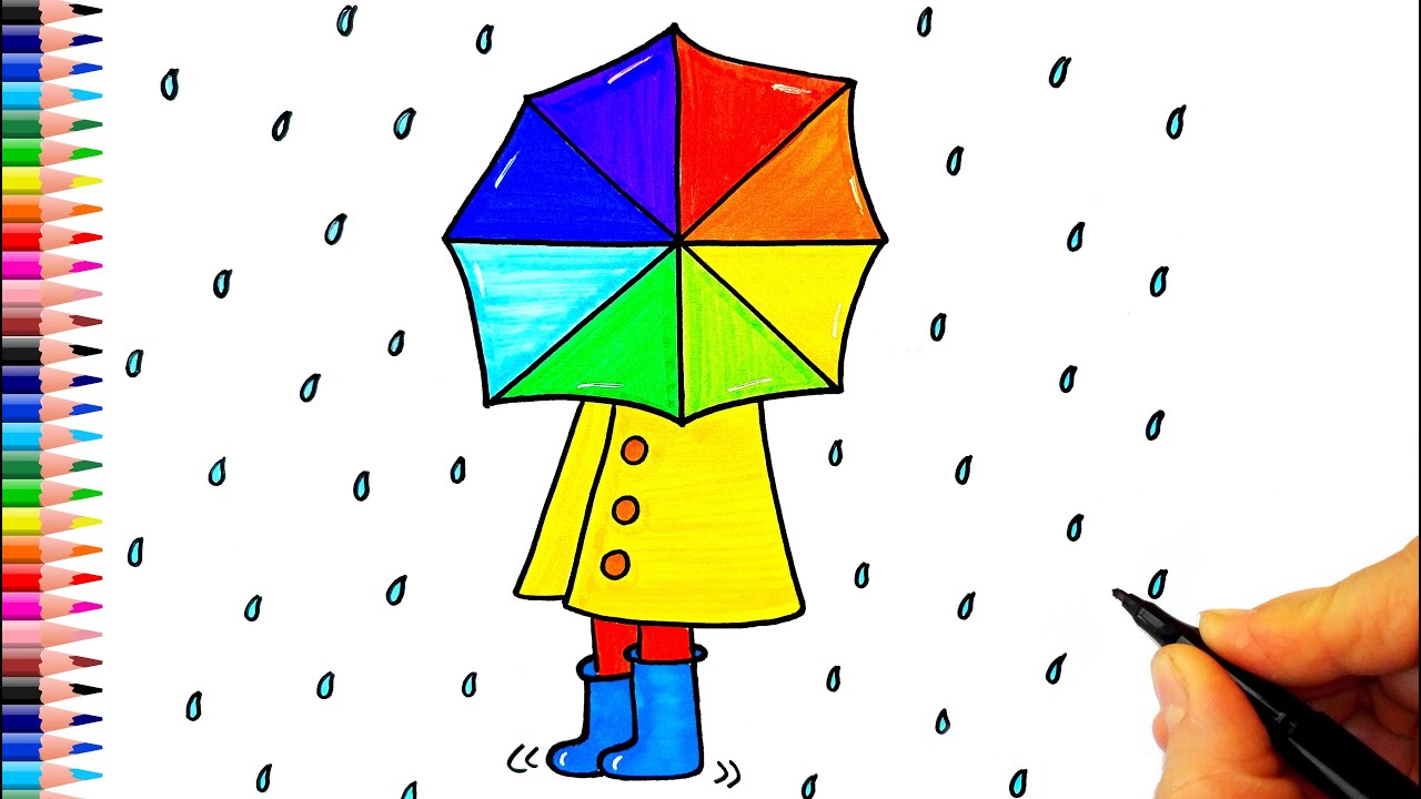 Şemsiyeli Kız Çizimi - Şemsiye Nasıl Çizilir? - Yağmur Çizimi - How To ...