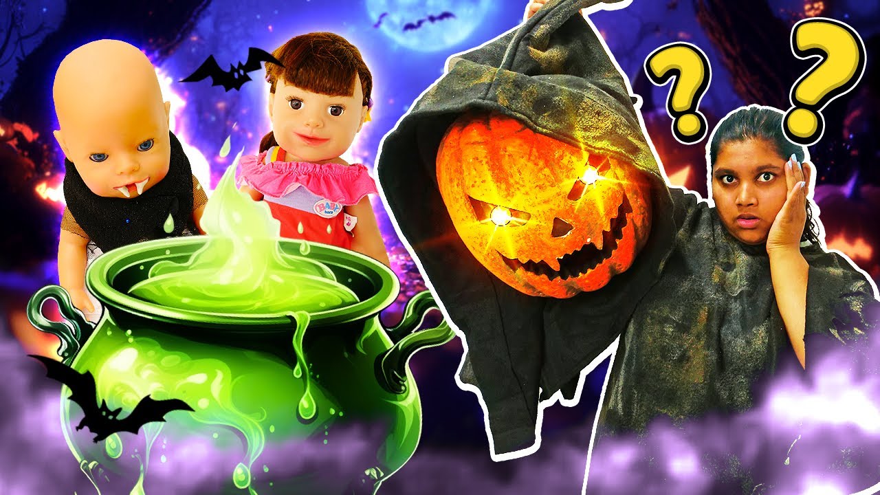 Baby dolls go trick or treating in Halloween costumes in the dollhouse ...