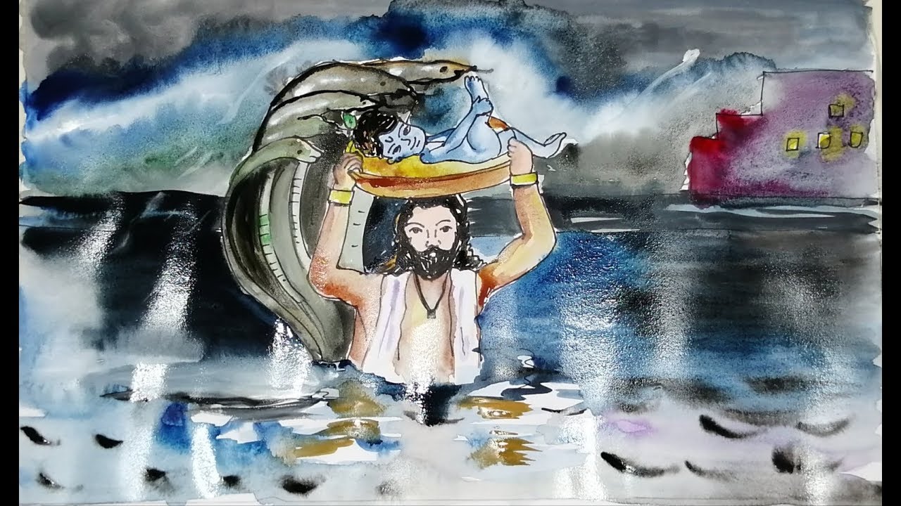Janmashtami Special Watercolor Painting,Vasudev brings baby Krishna to ...