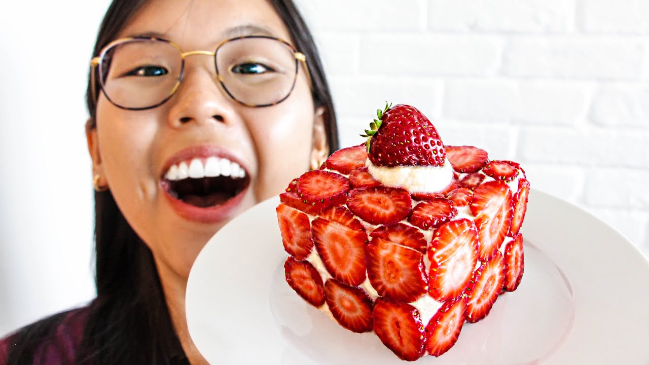 i made a strawberry cube cake - YouTube