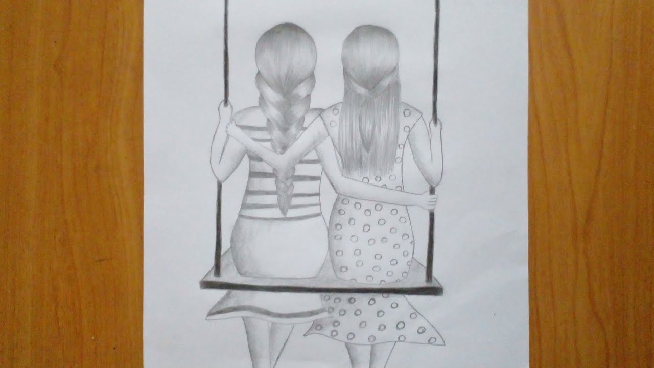 @widesh How to draw Best friends sitting together on a swing | pencil ...