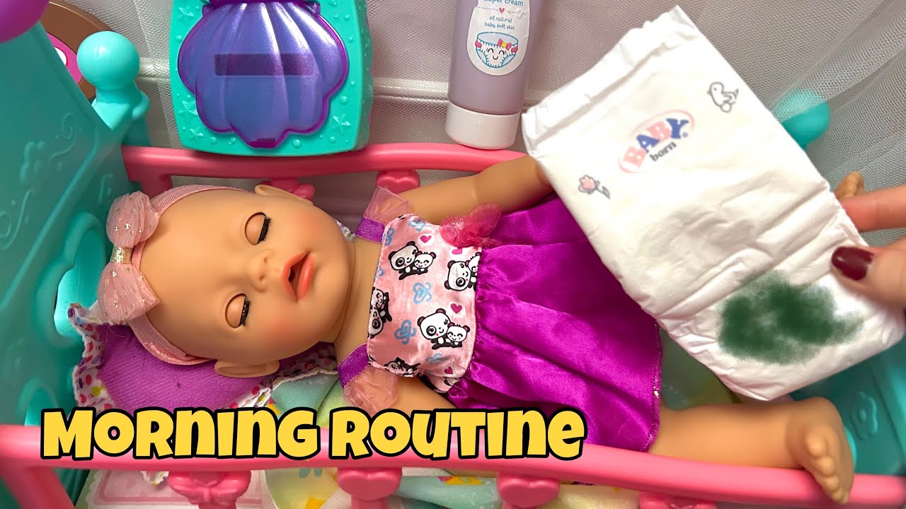 Baby Born doll Morning routine feeding and changing & packing diaper ...