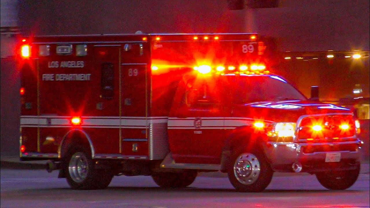 LAFD Rescue 76 (reserve), Rescue 78, & Rescue 89 (reserve) Transporting ...