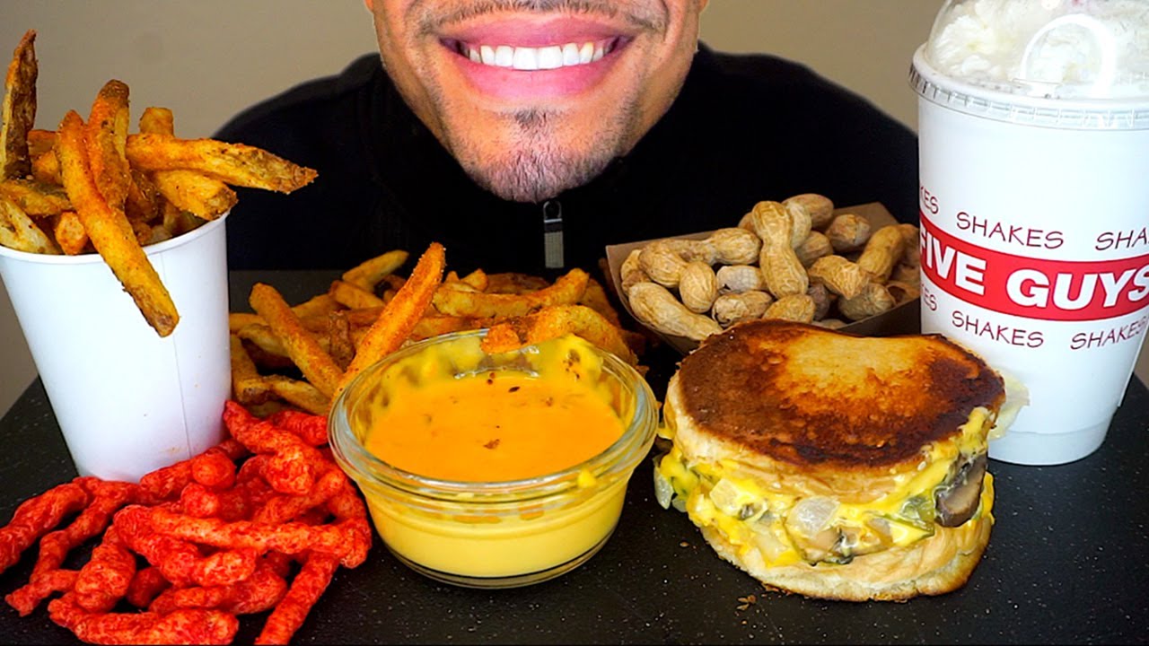 ASMR FIVE GUYS BURGERS FRIES GRILLED CHEESE BURGER SAUCE OREO MILKSHAKE ...
