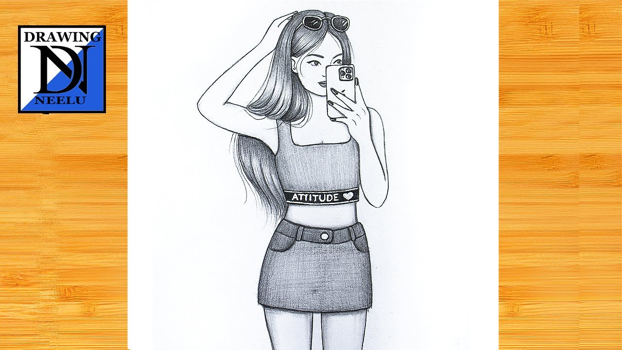 A Beautiful Girl taking selfie -Drawing easy || Pencil sketch for ...