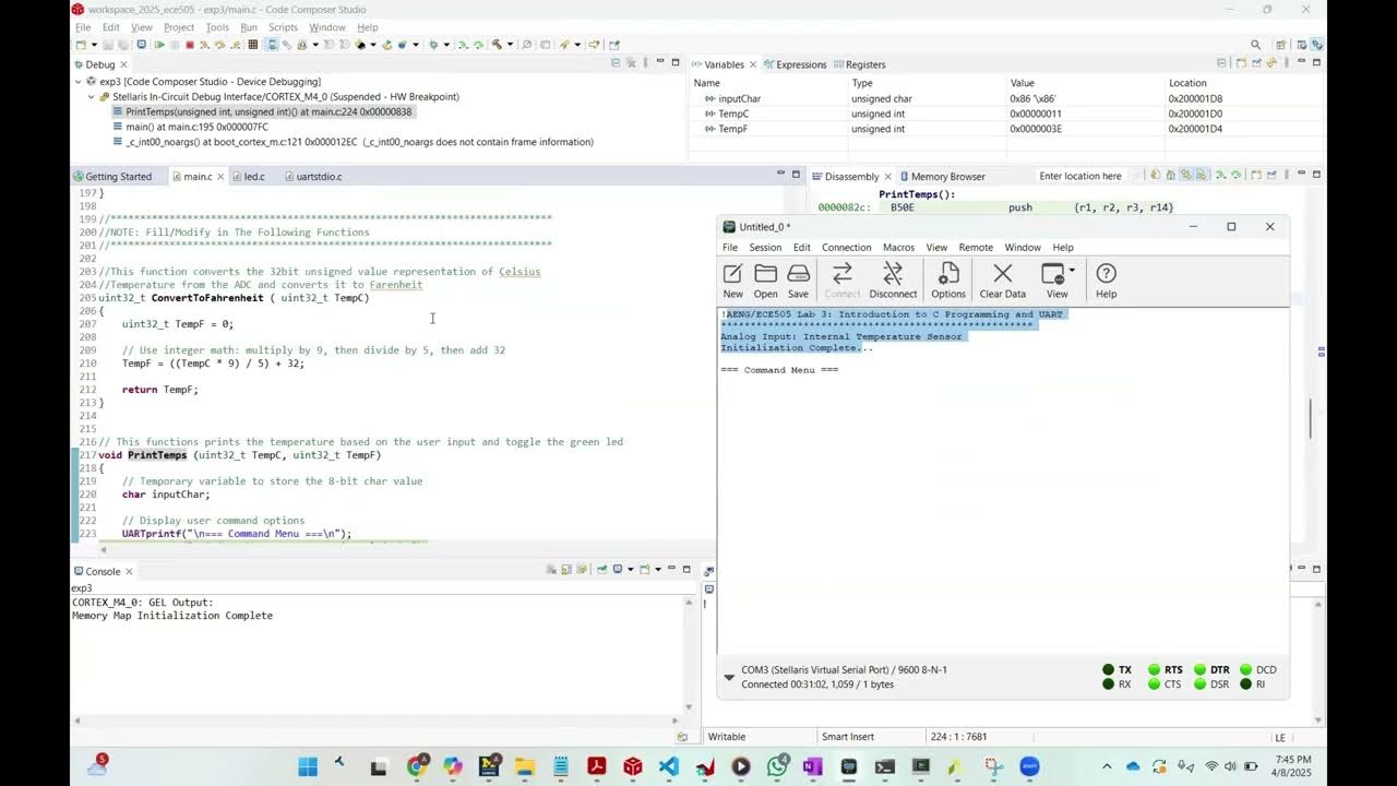 ECE505 Exp 3: UART + ADC + Temp Sensor + GPIO on Tiva C (EK-TM4C123GXL) | C Code Walkthrough ...