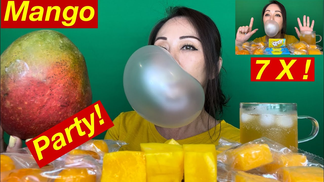 7x MANGO MADNESS! MANGO BUBBLE GUM PARTY! ASMR EATING MANGO FRUIT ...