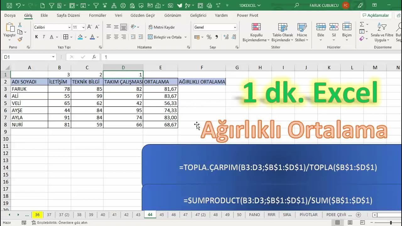 Excel 1 Dakika - Ağırlıklı Ortalama - YouTube