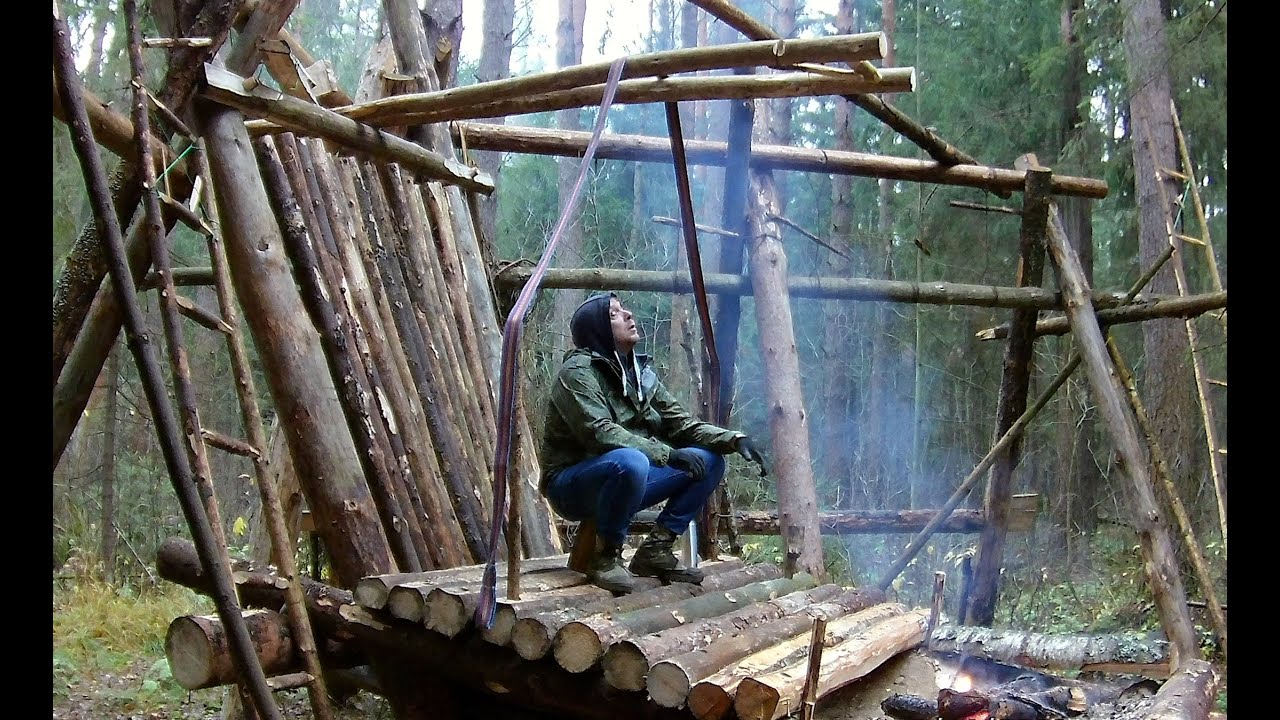 Bushcraft camp. Winter shelter. Part 14 of 14+. Roof frame. No talking ...