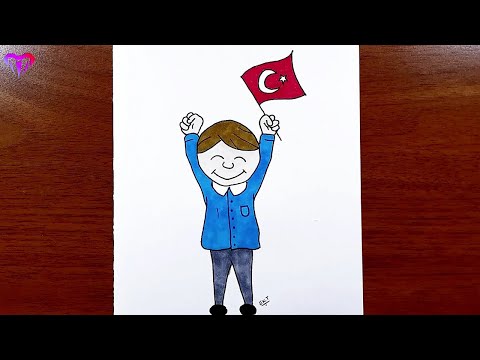 kolay bayrak tutan çocuk çizimi - 23 nisan resimleri - çocuk resmi