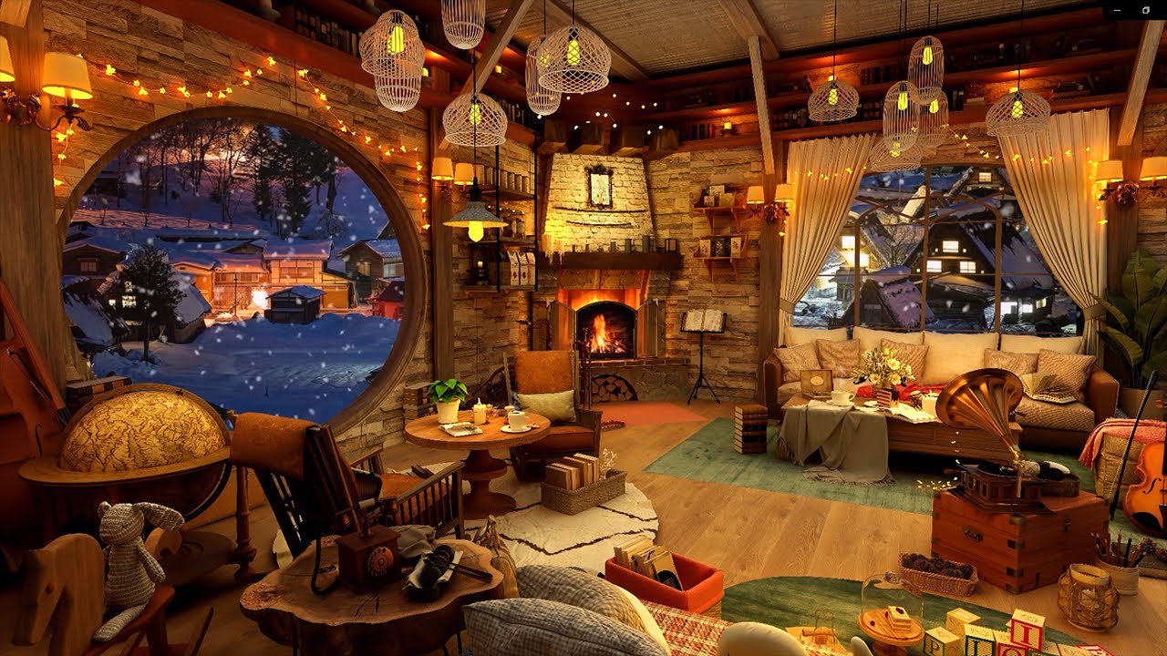 Winter Snowy Night in Coffee Shop Ambience with Smooth Jazz Music for ...