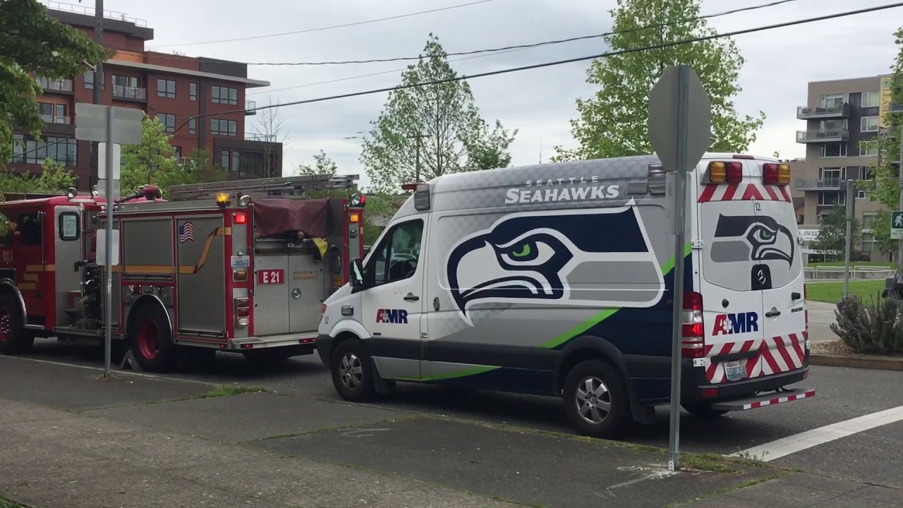 Seattle Fire Engine 21 and Custom Seattle Seahawks AMR ambulance - YouTube