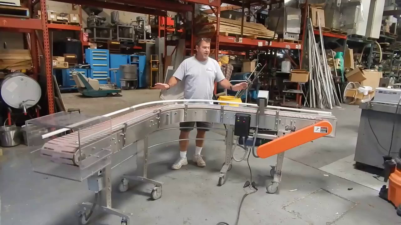 Nedco 10" wide Stainless Steel conveyor with 90 degree right turn - YouTube