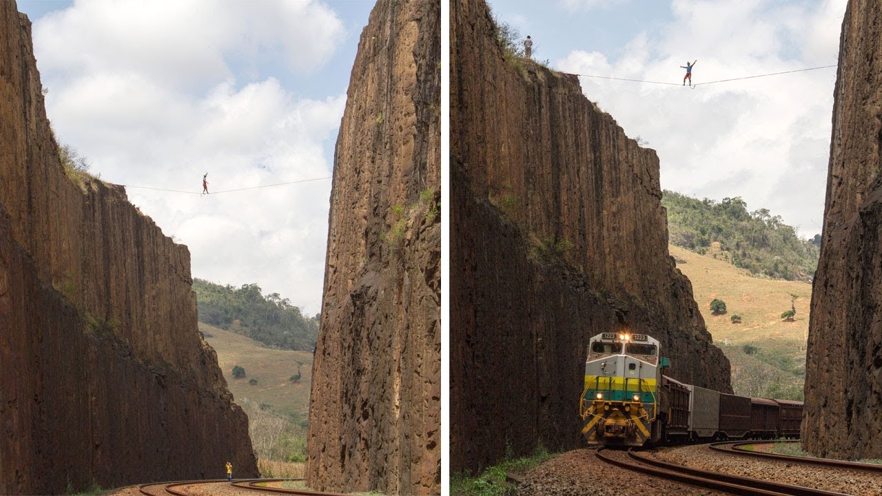 Walking On Highline Over Train Tracks - YouTube