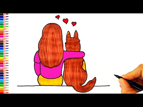 Köpeğe Sarılan Kız Çizimi - Köpek ve Kız Çizimi - Köpek Çizimleri - Kız Çizimleri