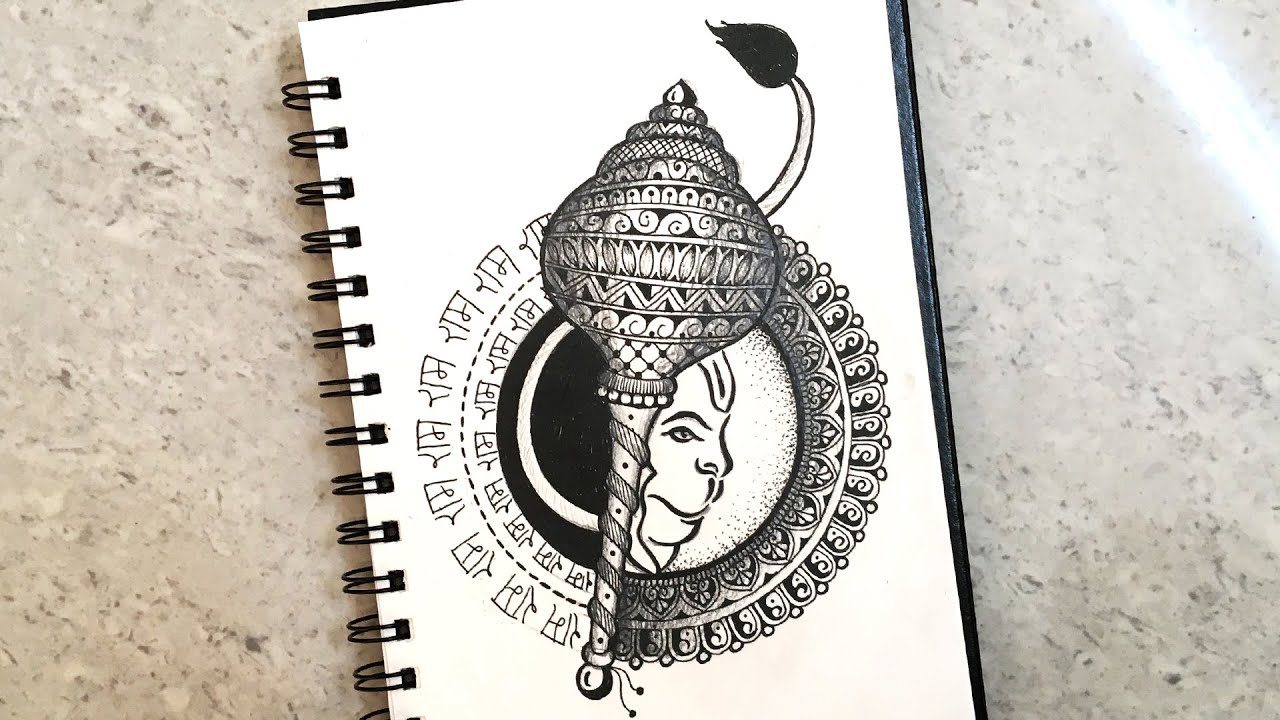 Hanuman Jayanti Mandala Drawing featuring Hanuman's Face with Gada in ...