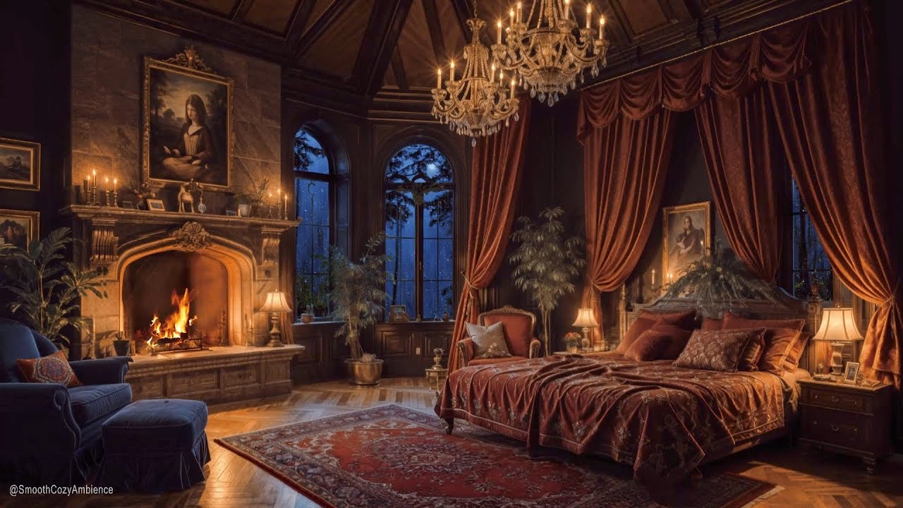 Nighttime In a Cozy Castle Beautiful Badroom With Rain & Thunder Sound ...