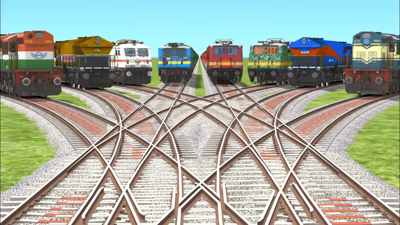 8 TRAIN CROSSING ON CRISS CROSS DIAMOND RAILROAD | Electric Train ...