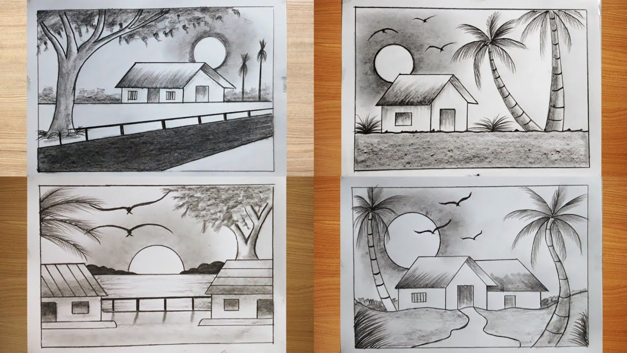 Nature scenery drawing for kids | Easy scenery drawing for competition ...
