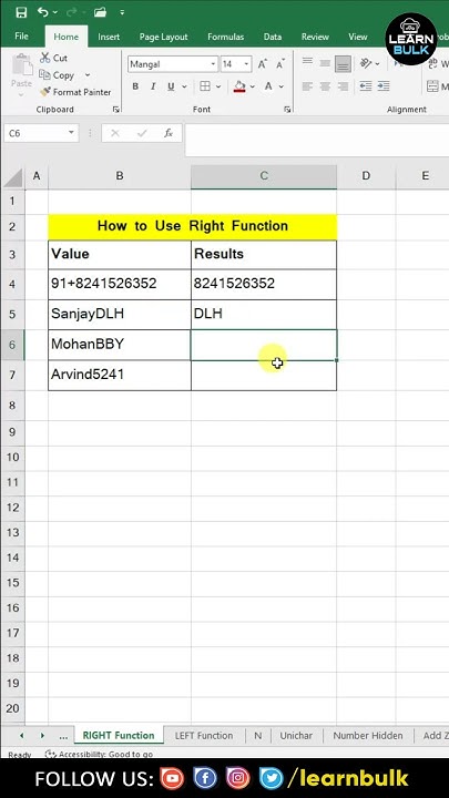 How to Use Right Function in Excel #shorts #reels - YouTube
