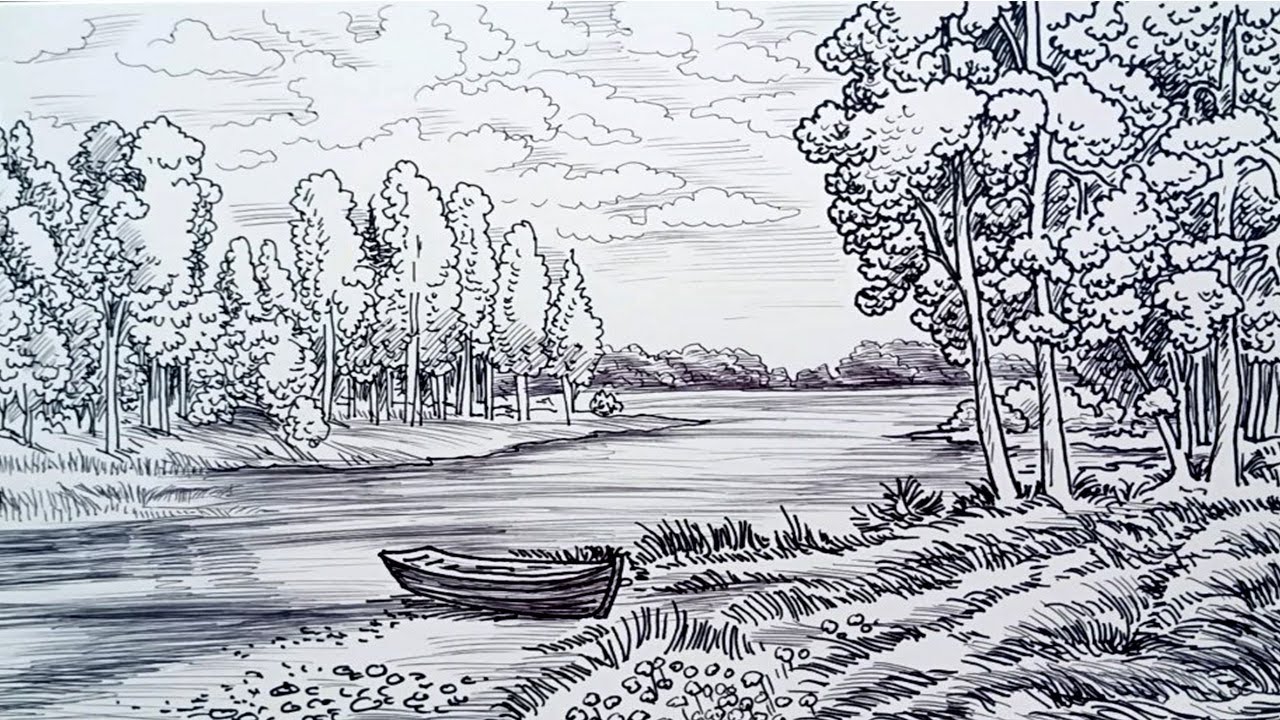 How to Draw a Riverside View with Trees and Boat. How to Make Your ...
