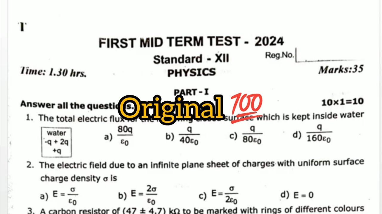 12th physics first midterm exam original question paper 2024 - YouTube