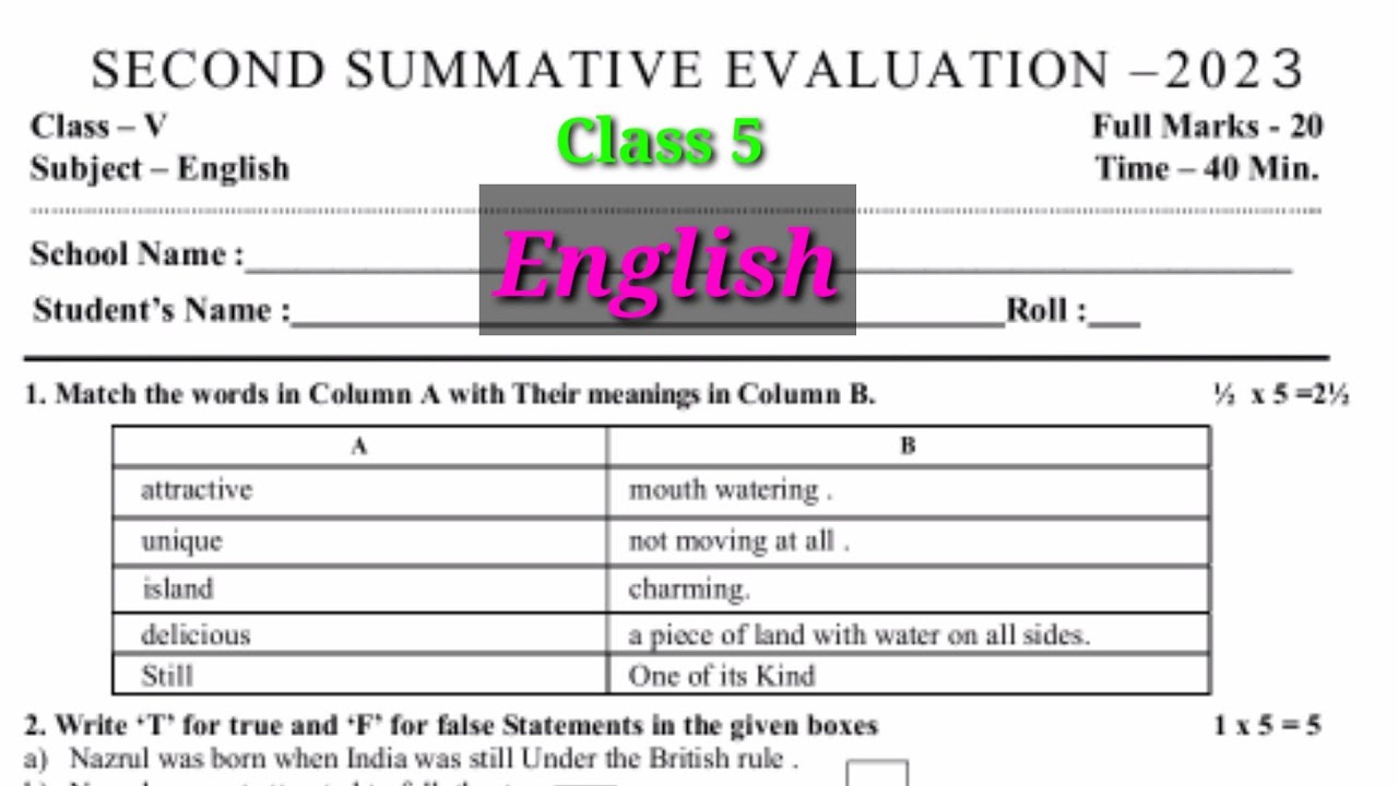 Class 5 English Second summative Evaluation 2023 Question & Answer ...