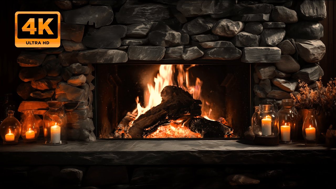 ULTRA HD 4K Fireplace Burning | Ambient Charm: Stone Fireplace with ...