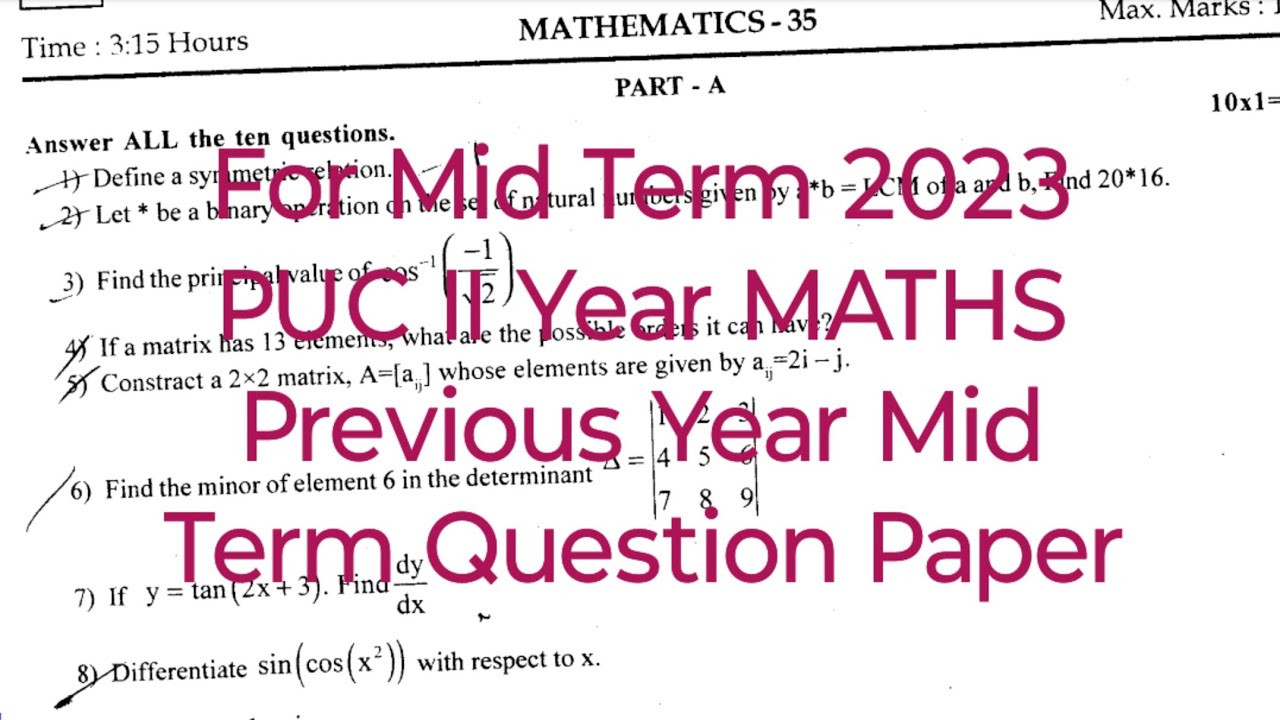 PUC II Year MATHS Previous Year Mid Term Question Papers (PUC 2nd Year ...