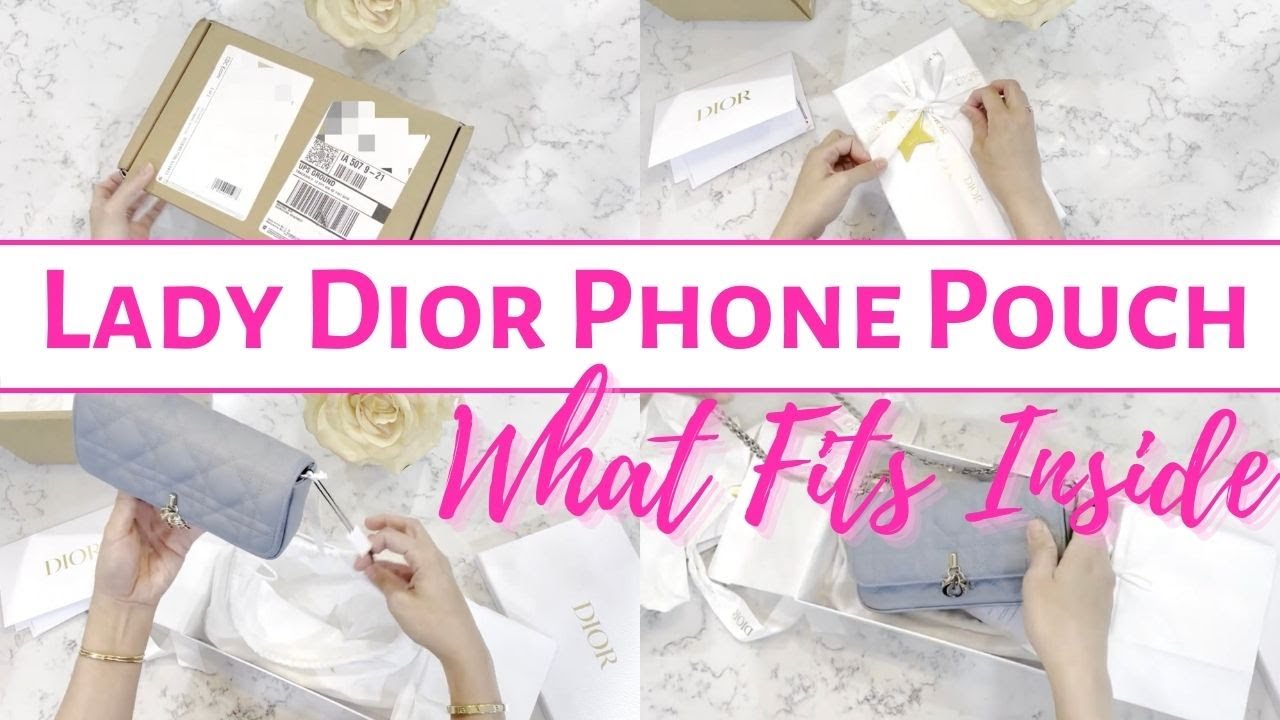 New Lady Dior Phone Pouch Cloud Blue Cannage Lambskin What Fits Inside ...