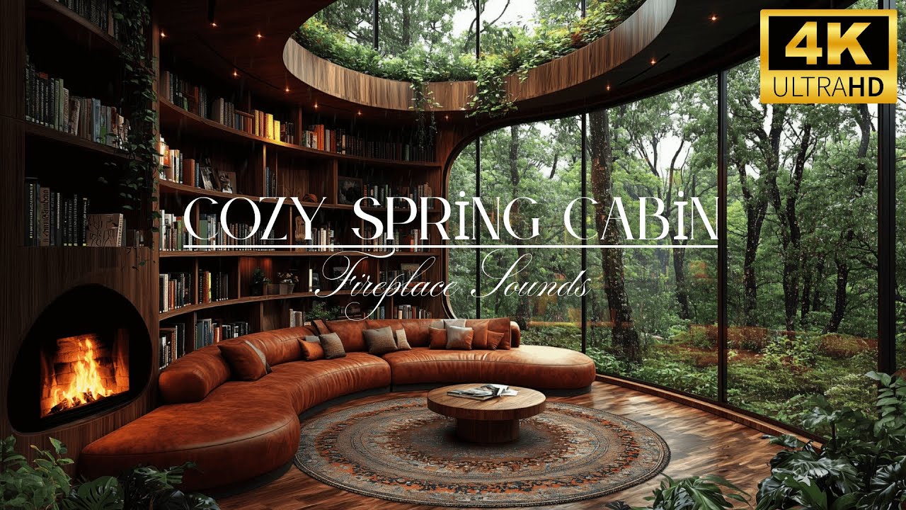 Cozy Spring Cabin with Rain & Jazz ⛈️ | Fireplace Sounds for Relaxation ...