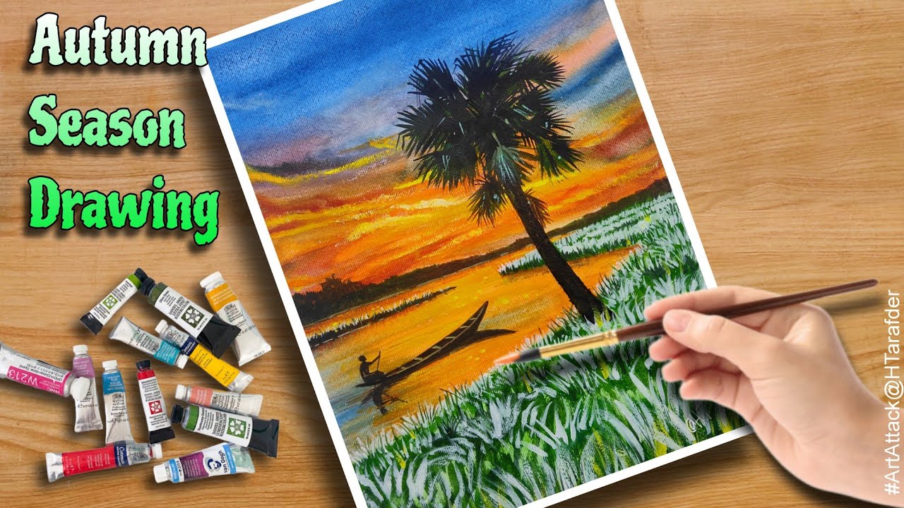 Draw a scenery of autumn season | autumn scenery drawing with water ...