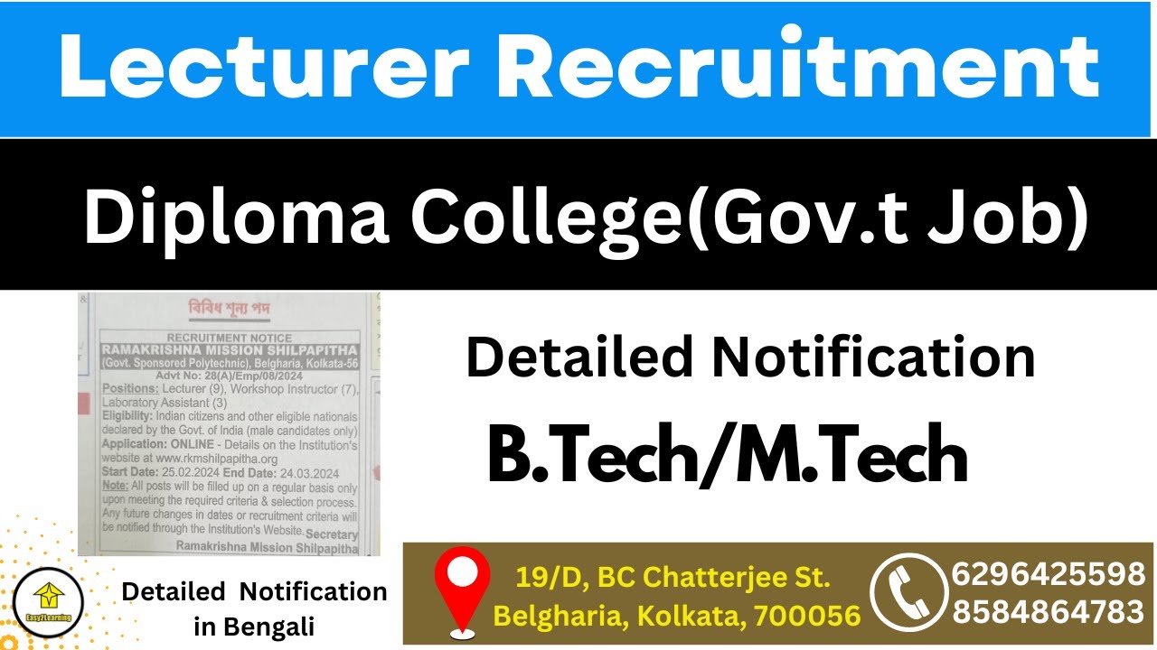 Govt Job for B.Tech Student | Diploma College Lecturer Recruitment ...