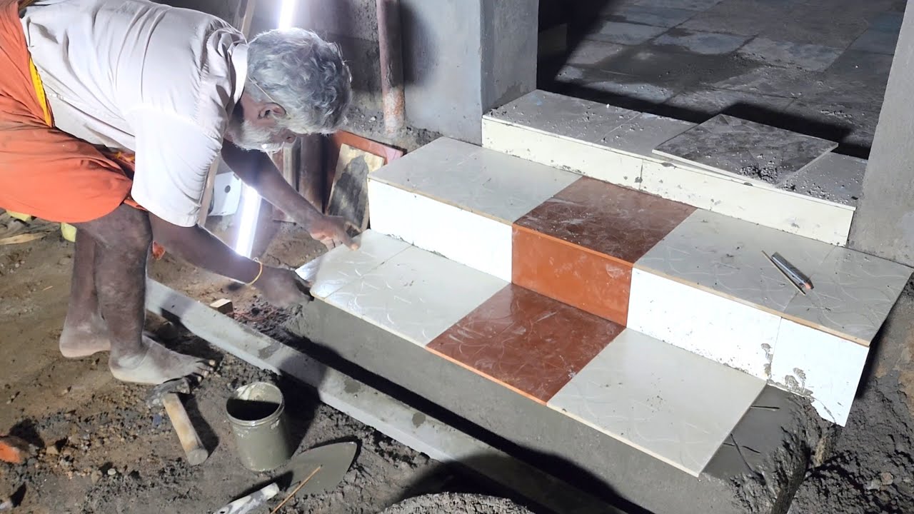 Excellent! Stairs construction of design tile installation process-Sand ...