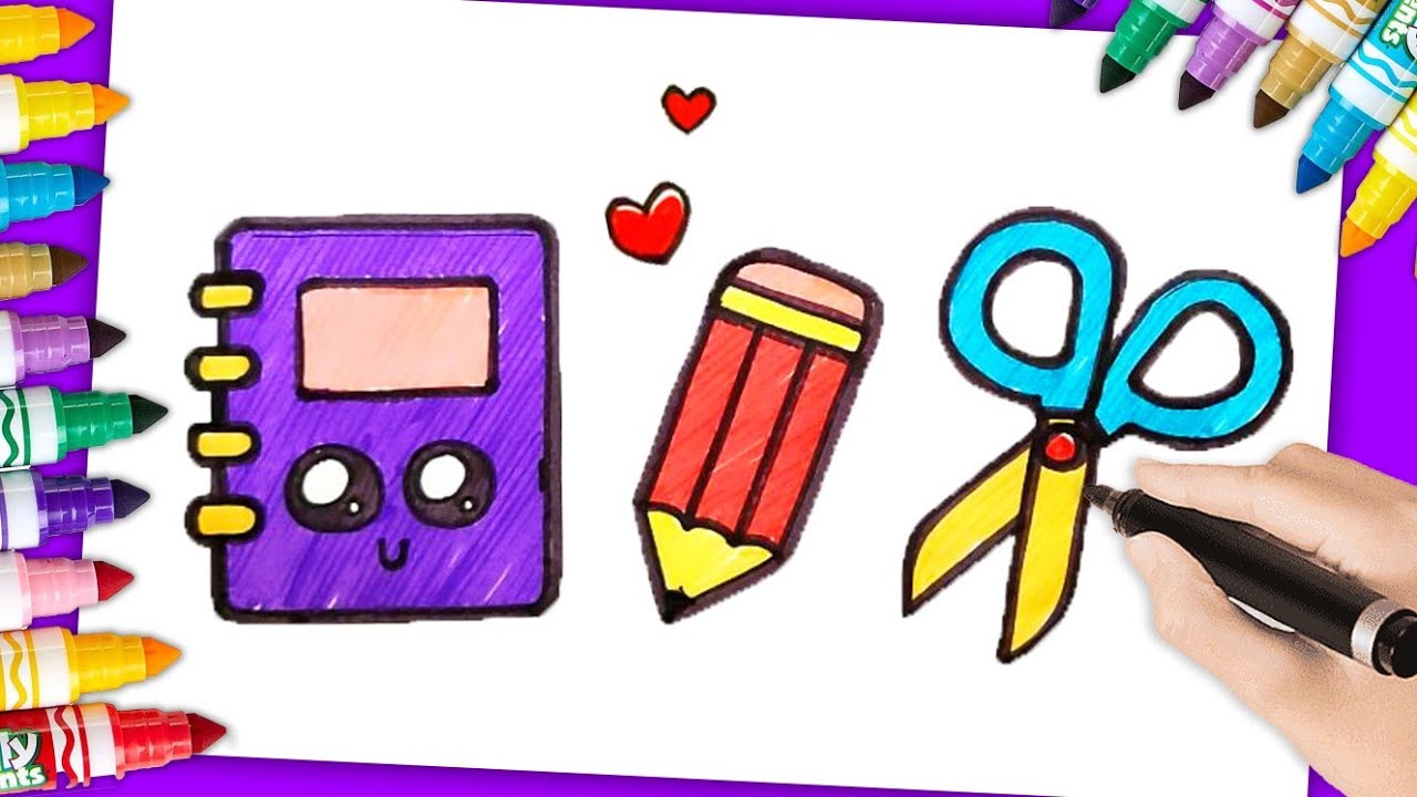 Book, Pencil, scissor, Scale for kids Drawing Colouring | ABCD Rhymes ...