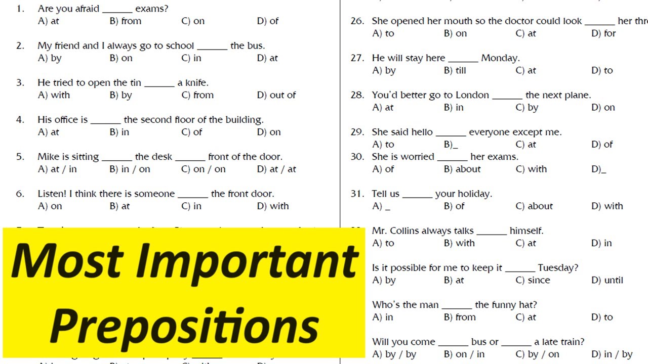Most Important Prepositions in English Grammar | Preposition Exercise ...