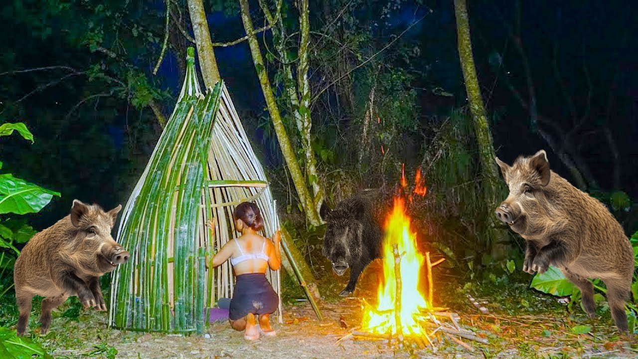 Solo Bushcraft - Girl Builds Amazing Shelter, Relaxing Overnight ...