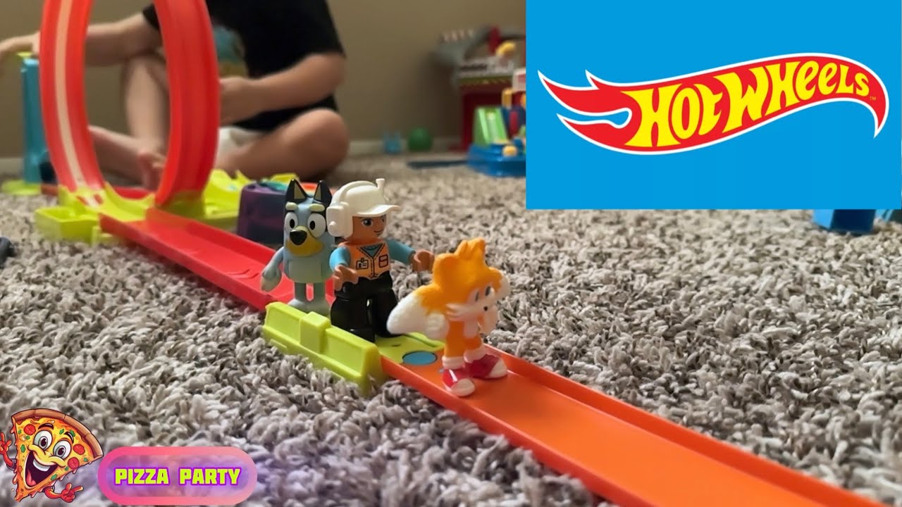 Hot Wheels Cars fun with Bluey and Sonic Tails and Duplo figures - YouTube