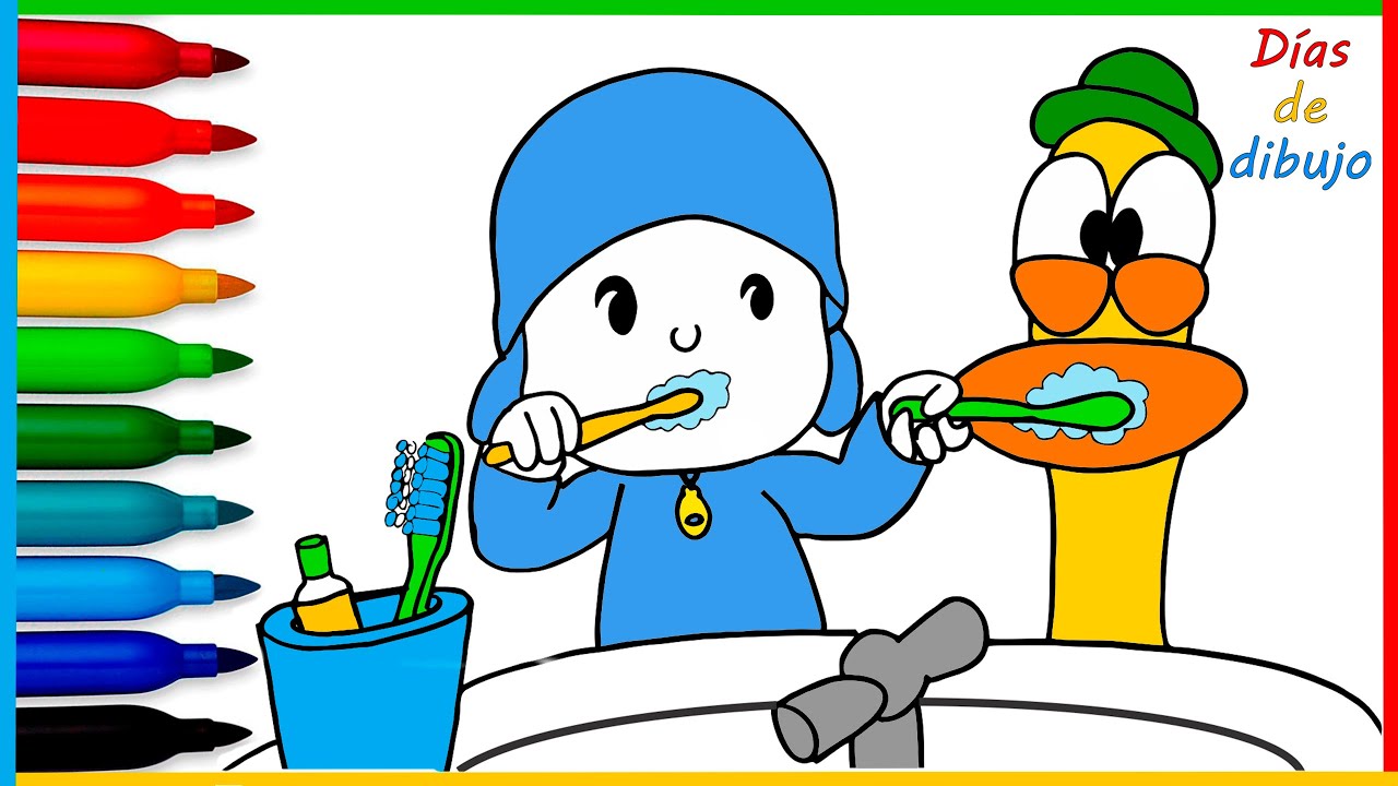 Colorea A Pocoyó Y Pato Cepillándose Los Dientes 💦🦷👶🌈👶🦷💦 Dibujos Para ...