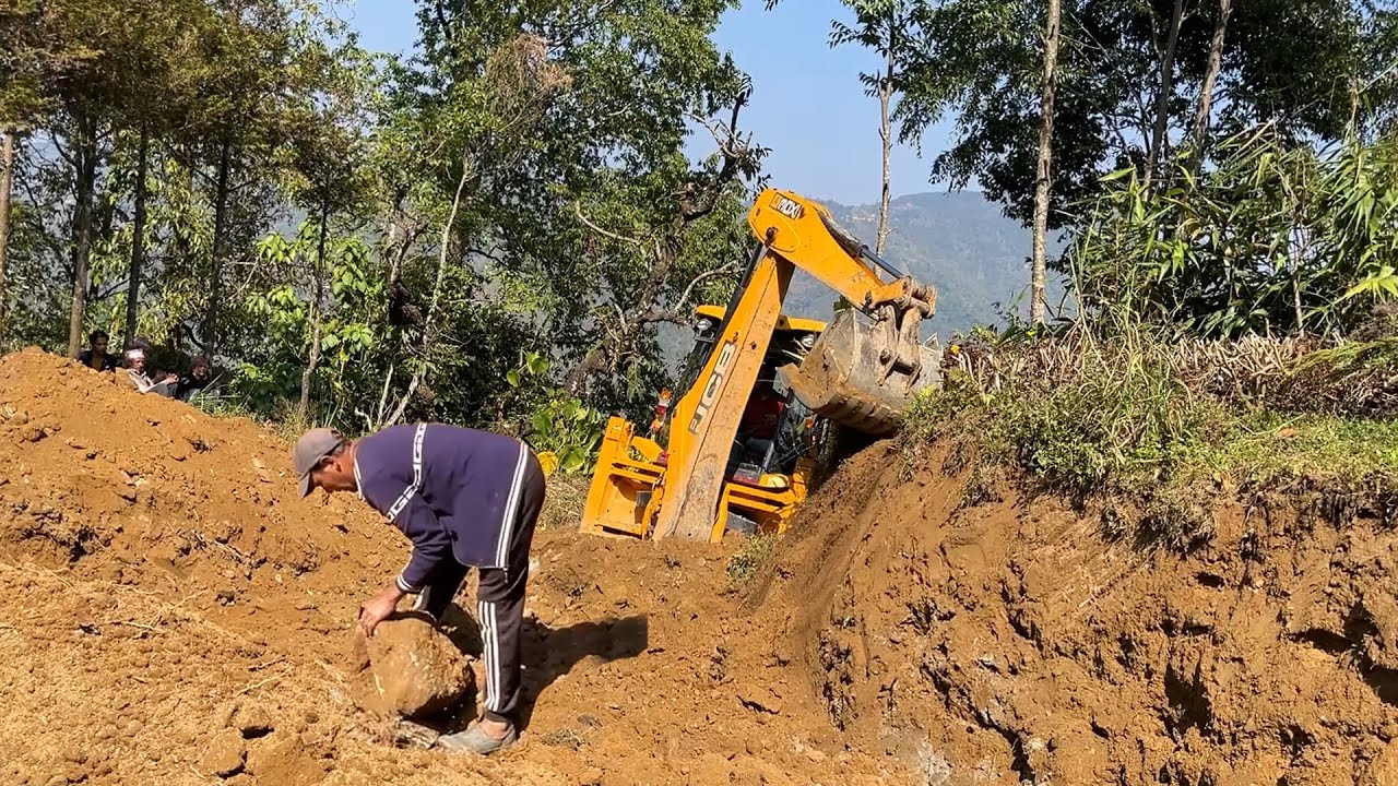 Mountain Broken Road Widening-Part 4-Cutting Hill with Backhoe - YouTube