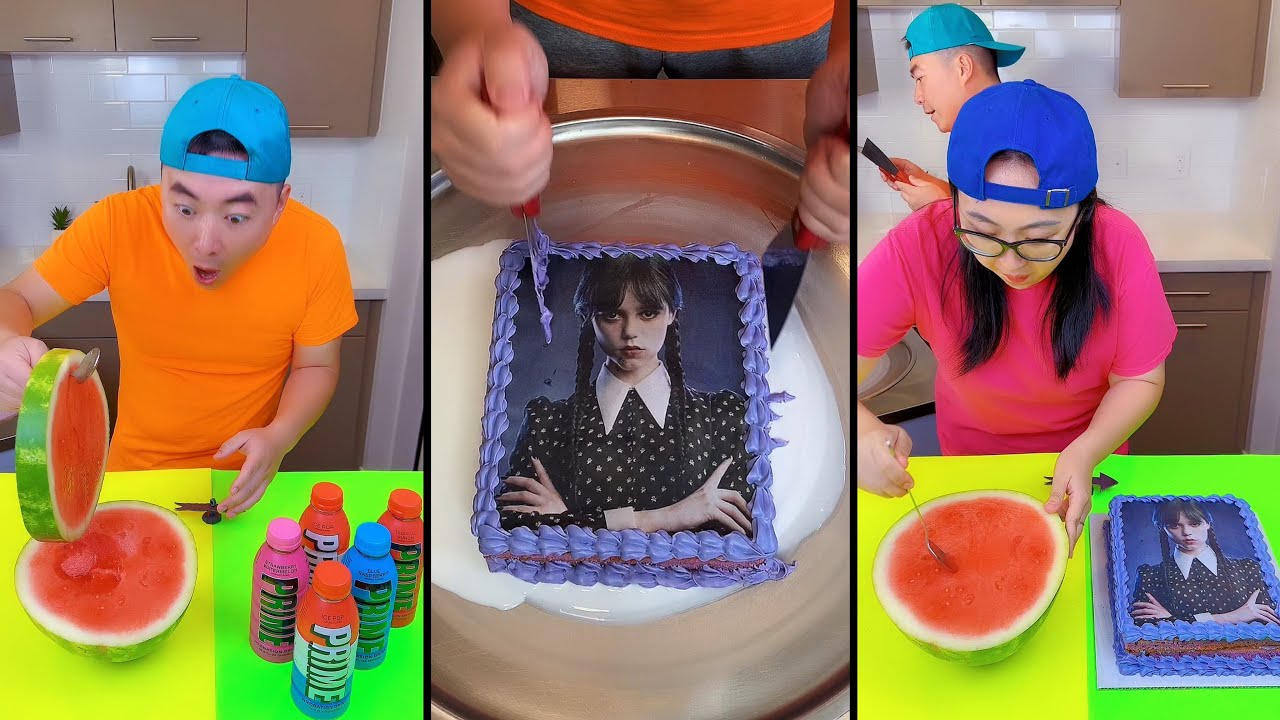 Ice cream challenge! 🍨 Wednesday Addams cake VS watermelon mukbang ...