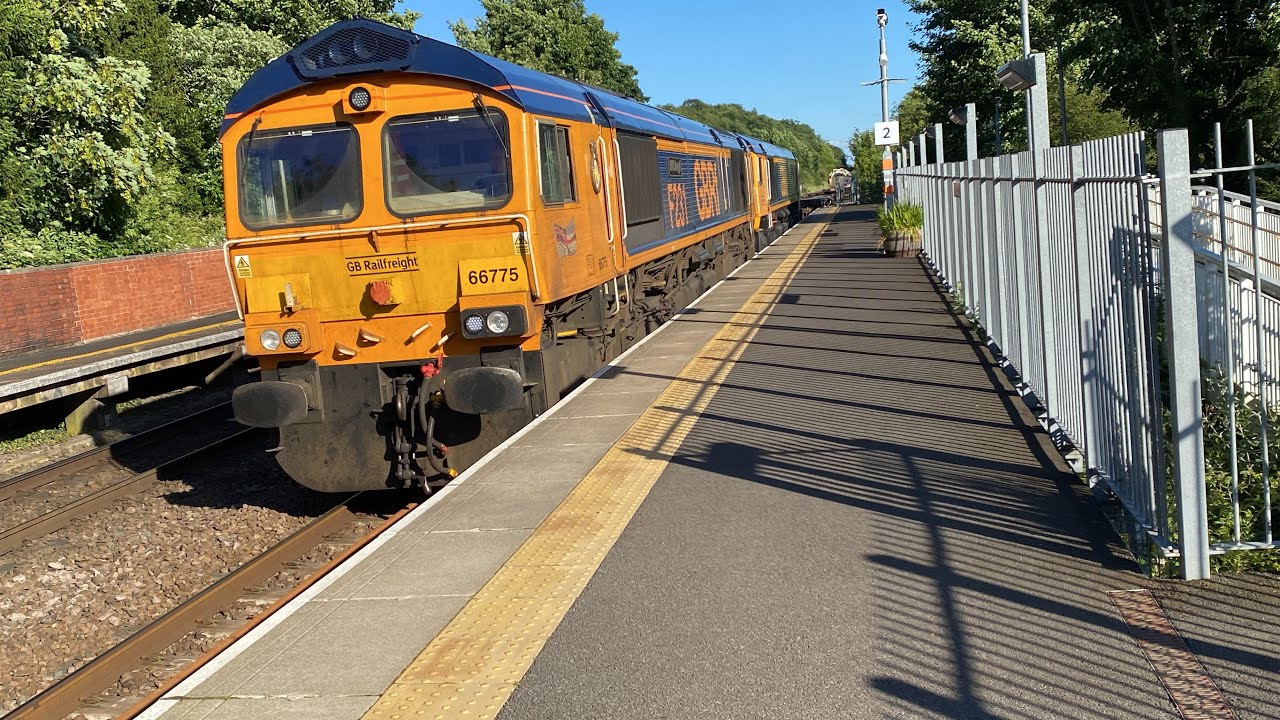66775 HMS Argyll & 66308 container bogies, sand wagons & 195008 Lea ...